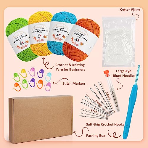 Beginner Yarn for Crocheting and Knitting, Aeelike 350 Yards (4x50g) Soft Cotton-Nylon Blend Easy-to-Use Yarn for Newbie, 26pcs Knitting & Crochet Supplies for Learning to Crochet Animals
