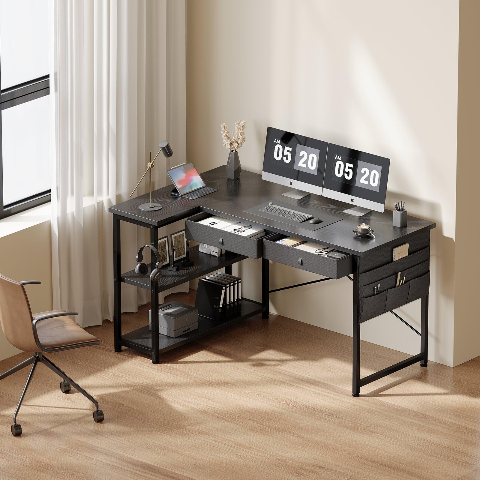 Maihail Maihail Home Office Desk with Drawers and Shelves, 47” Computer Corner Desk for Small Space, Small L Shaped Desk with Side Storage for Bedroom, Black