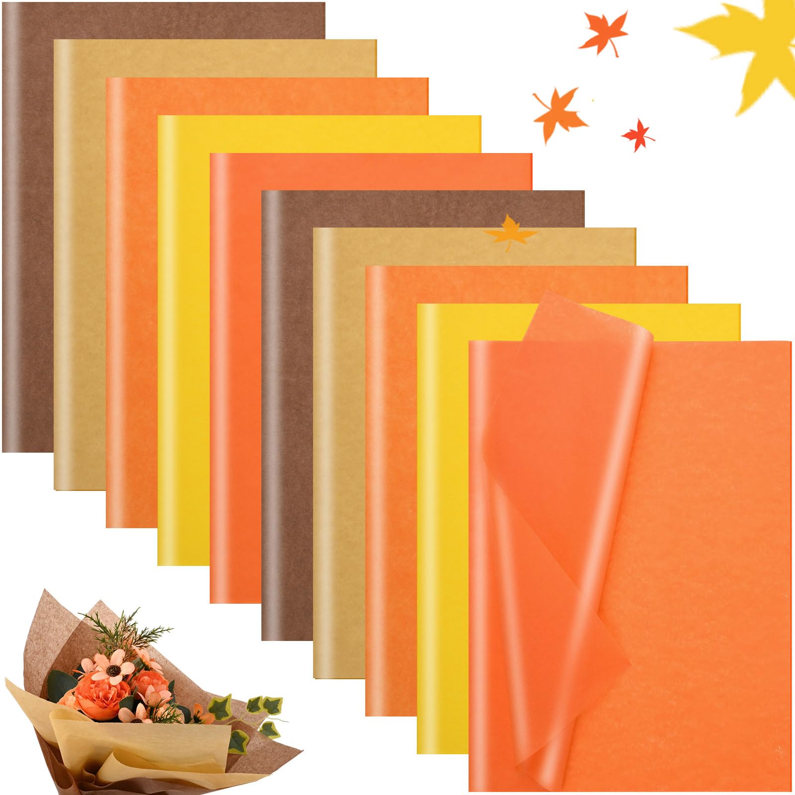 100 Sheets Fall Themed Tissue Paper for Gift Wrapping, Brown Khaki Orange Yellow Color Tissue Paper for Gift Bags for Birthday Wedding Thanksgiving Day DIY Craft