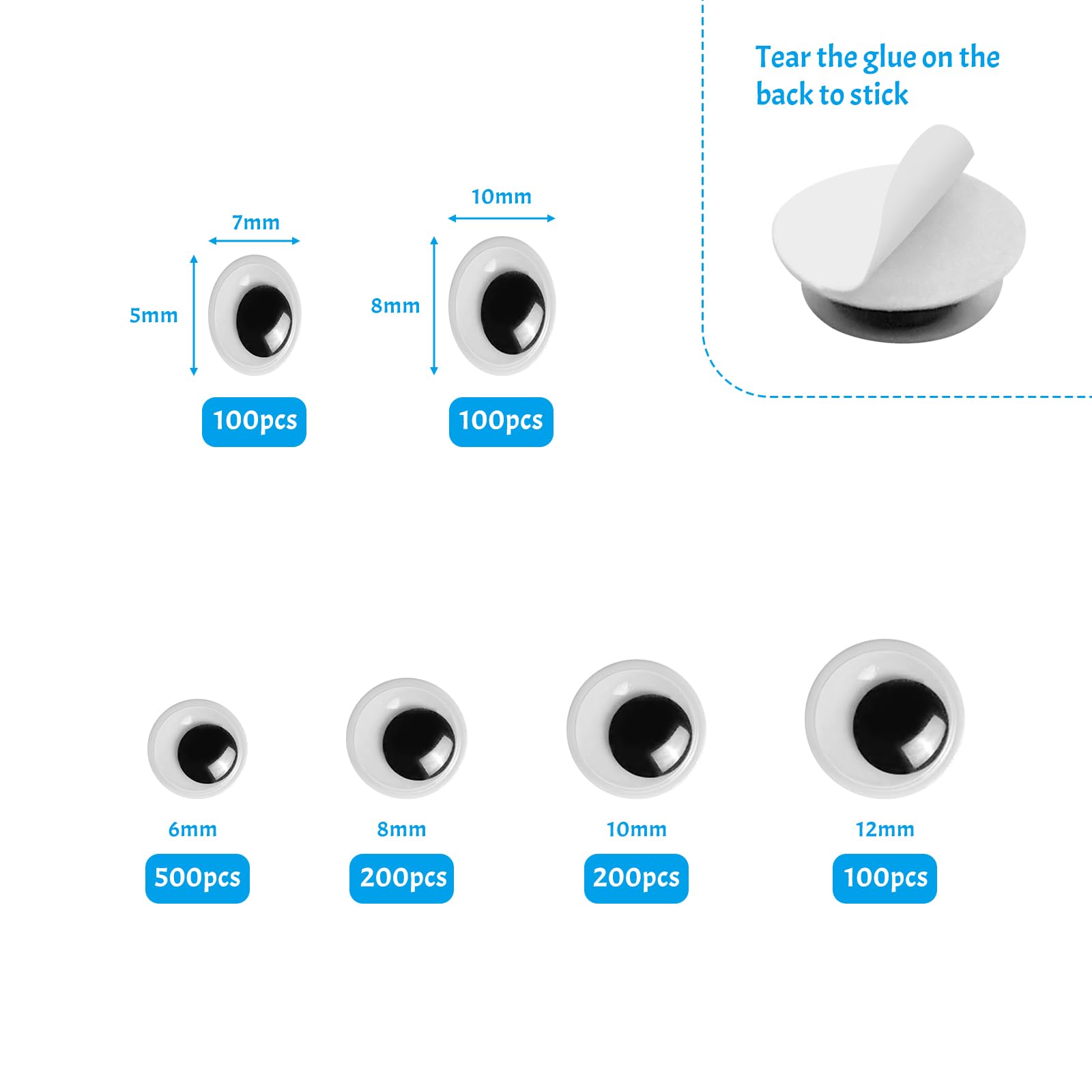 SNAIL GARDEN 1200Pcs Black Wiggle Googly Eyes with Self-Adhesive, 1000Pcs Round Plastic Wiggle Stickers Eyes & 200Pcs Oval Sticker Eyes for Crafts, DIY Projects, Halloween, Christmas DIY Decorations