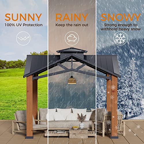Erinnyees 12' x 12' Octagonal Hardtop Gazebo, Aluminum Frame with Wood Grain Finish, Double-layer Galvanized Steel Roof, Fully Enclosed Sidewall, Easy to Assemble