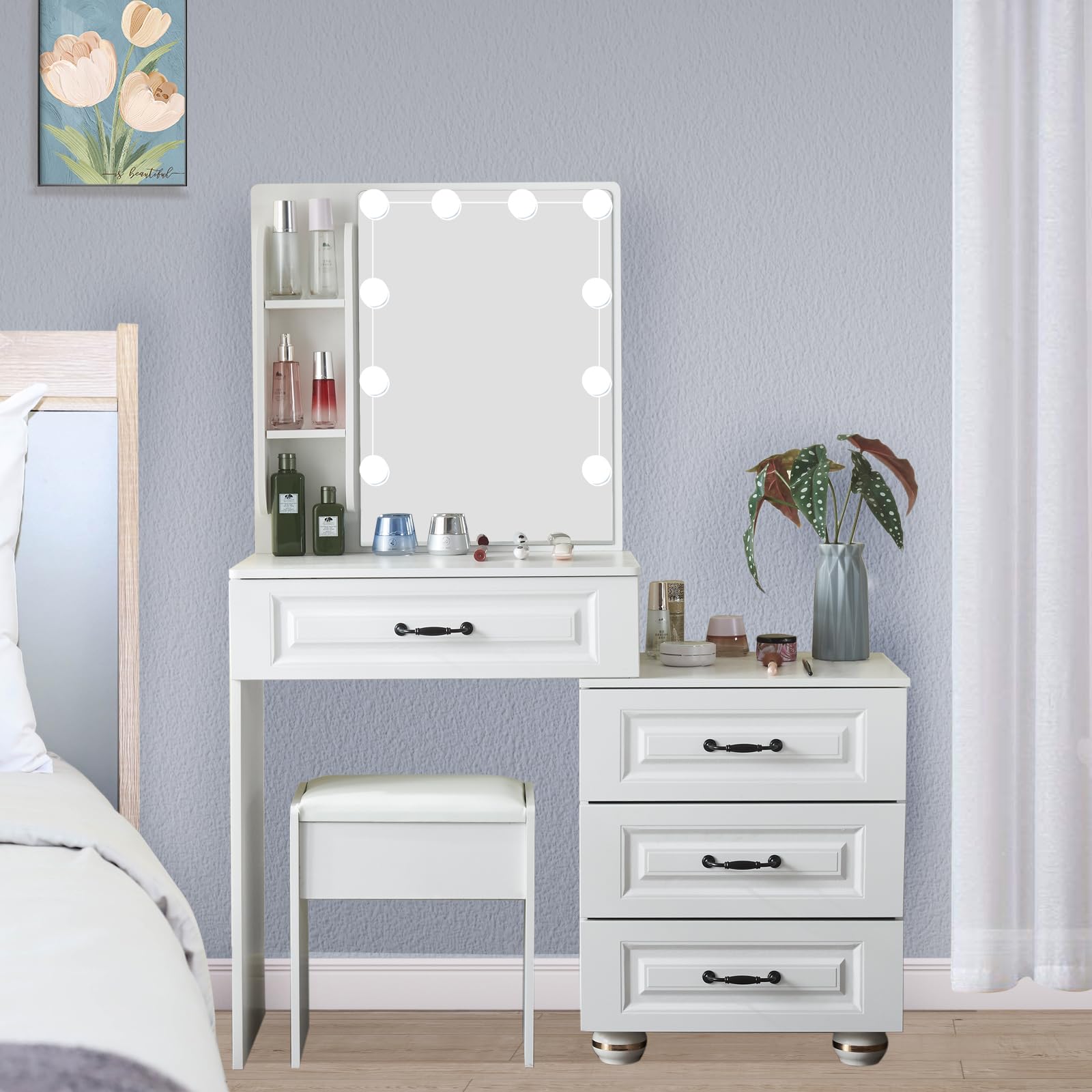 Logimiz Vanity Desk with Mirror and Lights-3 Colors Dimmable Lights, Girls White Vanity Table with Drawers and Chair for Bedroom