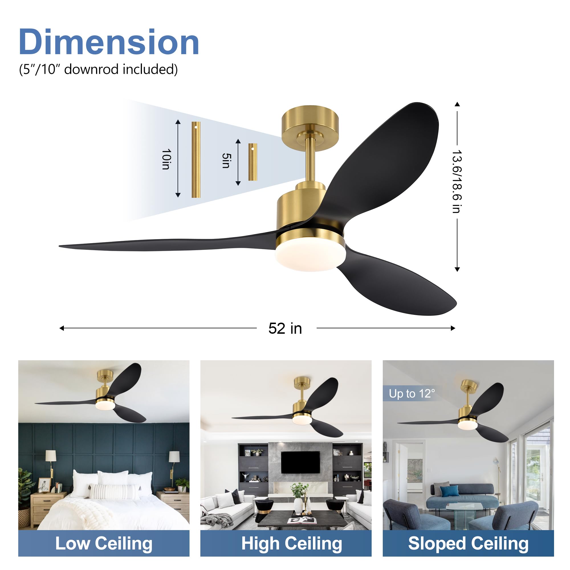 52 Inch Ceiling Fans with LED Light Remote Control, Modern Ceiling Fan with Reversible DC Motor, 3 Blades and 3 Color Temperature, LED Light Chandelier for Bedroom(Gold & Black)