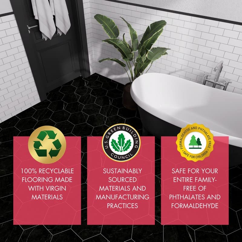 BaseCore HEX Hexagon Vinyl Flooring Black Marble 5.75" DIY Self Adhesive Textured Modern Floor Tile Peel & Stick Tile (36pcs/21.5sqft per case)