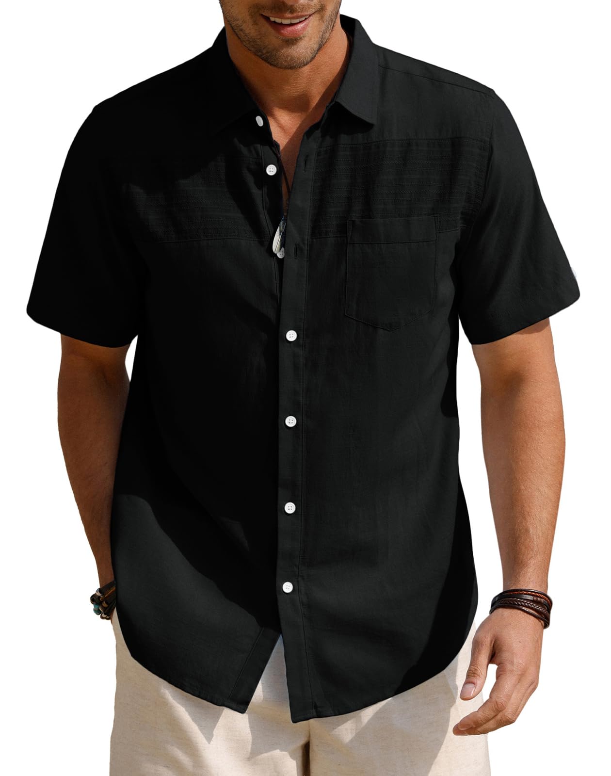 GRACE KARIN Men's Hawaiian Cotton Linen Shirts Casual Button Down Tropical Holiday Beach Shirts Black L