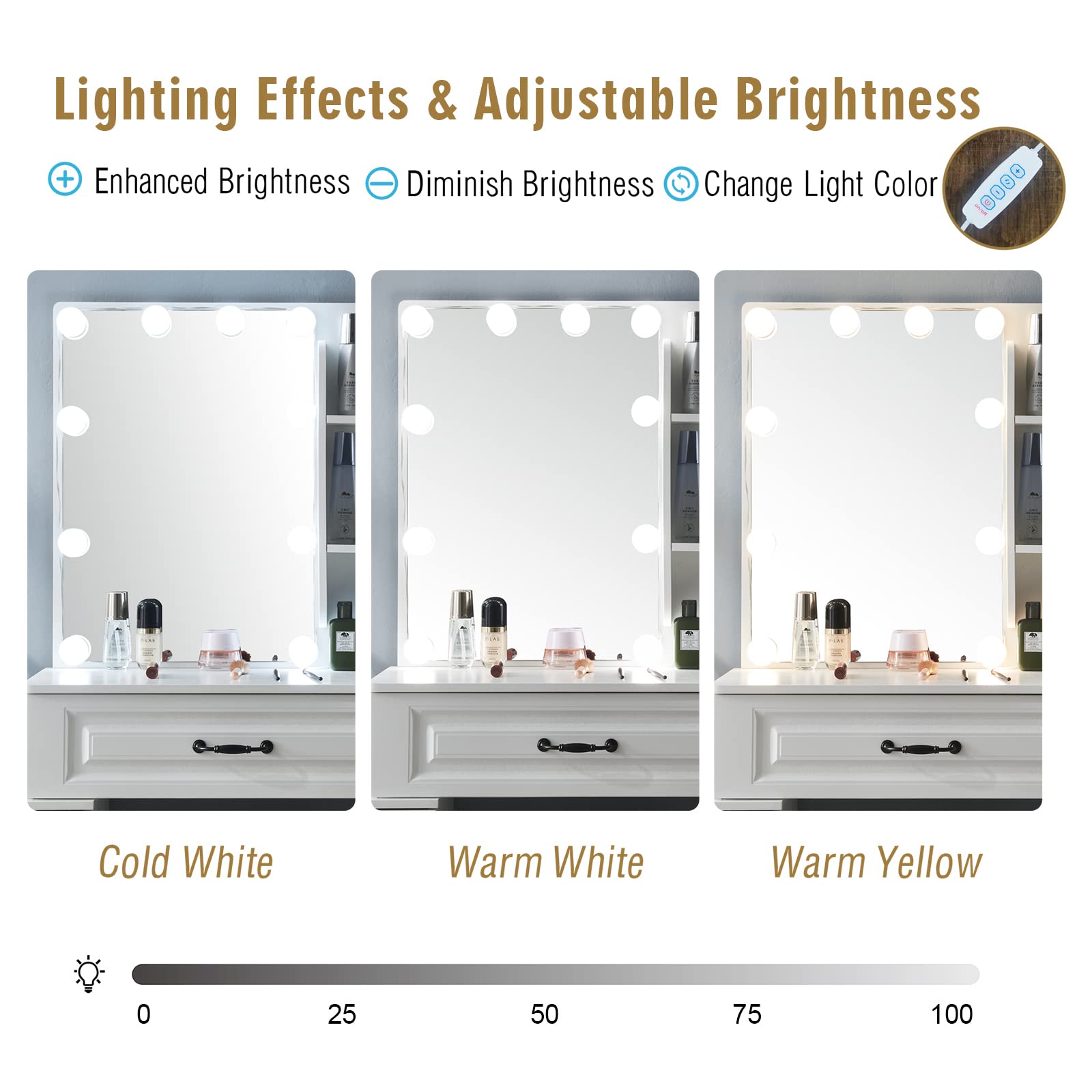Logimiz Vanity Desk with Mirror and Lights-3 Colors Dimmable Lights, Girls White Vanity Table with Drawers and Chair for Bedroom