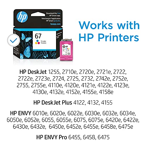 HP 67 Tri-color Ink Cartridge | Works with HP DeskJet 1255, 2700, 4100 Series, HP ENVY 6000, 6400 Series | Eligible for Instant Ink | 3YM55AN