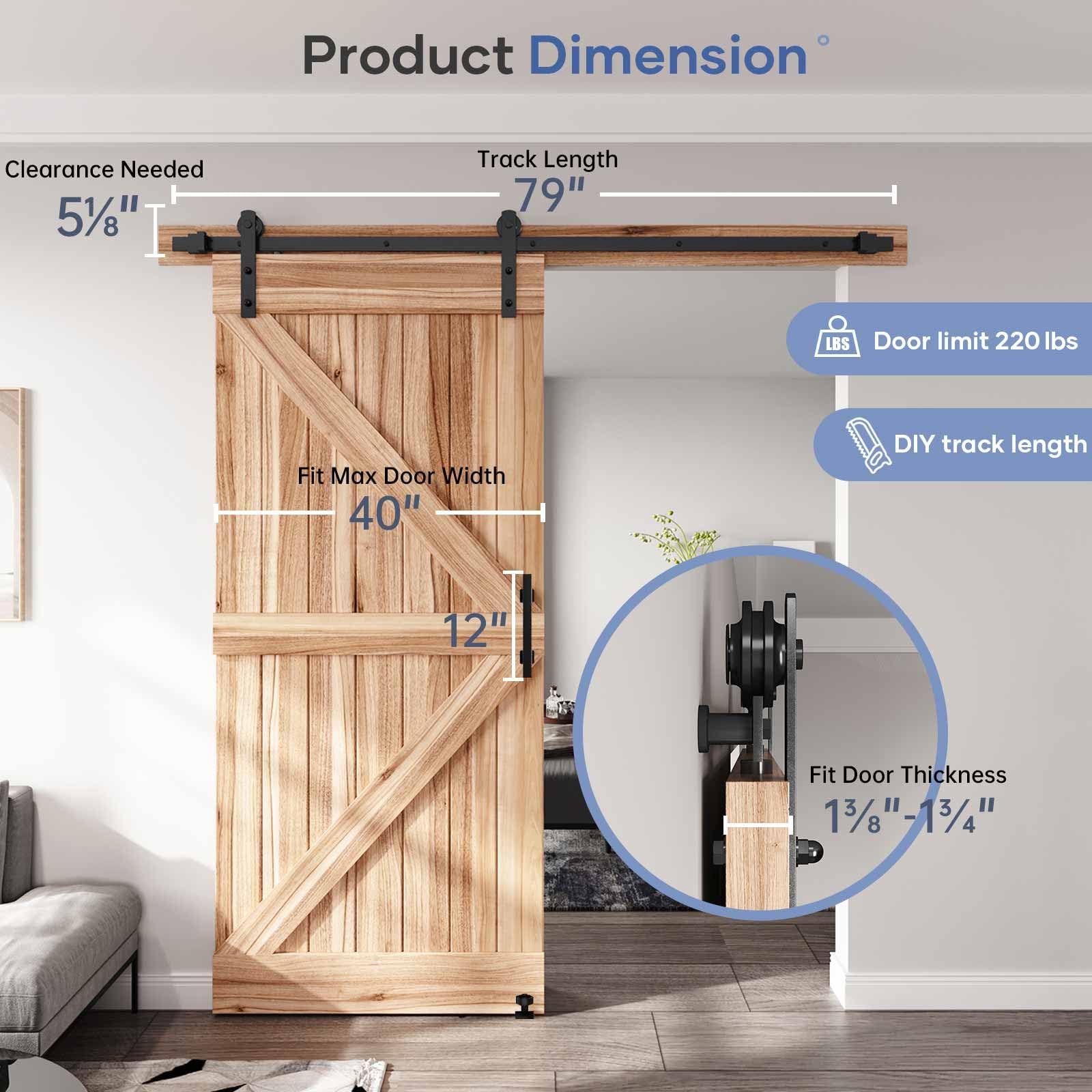 EaseLife 6.6 FT Sliding Barn Door Track and Handle Hardware Kit,Heavy Duty,Straight Pulley,Slide Smoothly Quietly,Easy Install (6.6FT Track Kit for 36"~40" Wide Single Door)