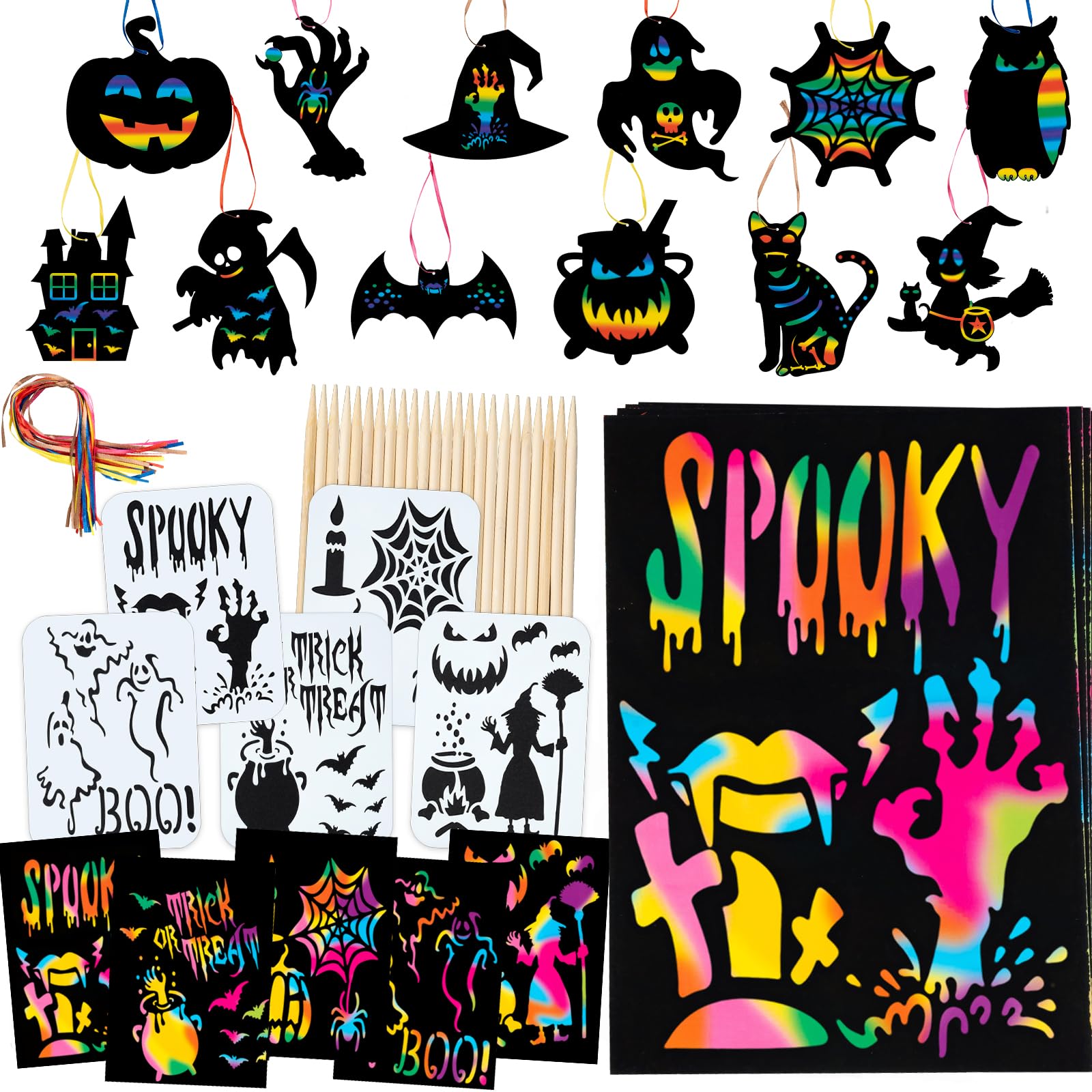 OuMuaMua 77pcs Halloween Scratch Art for Kids - Rainbow Scratch Paper Arts and Crafts Kit, Pumpkin Ghost Zombie Witch Scratch Art Hanging Ornaments for Halloween Birthday Kids Activities Gifts