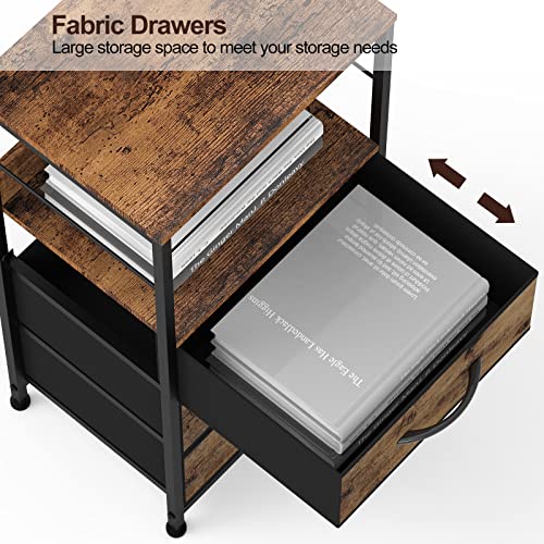 Nightstand Set of 2 Modern Bedside End Tables, Set of 2 End Tables with Drawers Night Stand Side Table with 3 Fabric Drawers Retro Bedside Tables for Livingroom Bedroom Office, Brown and Black