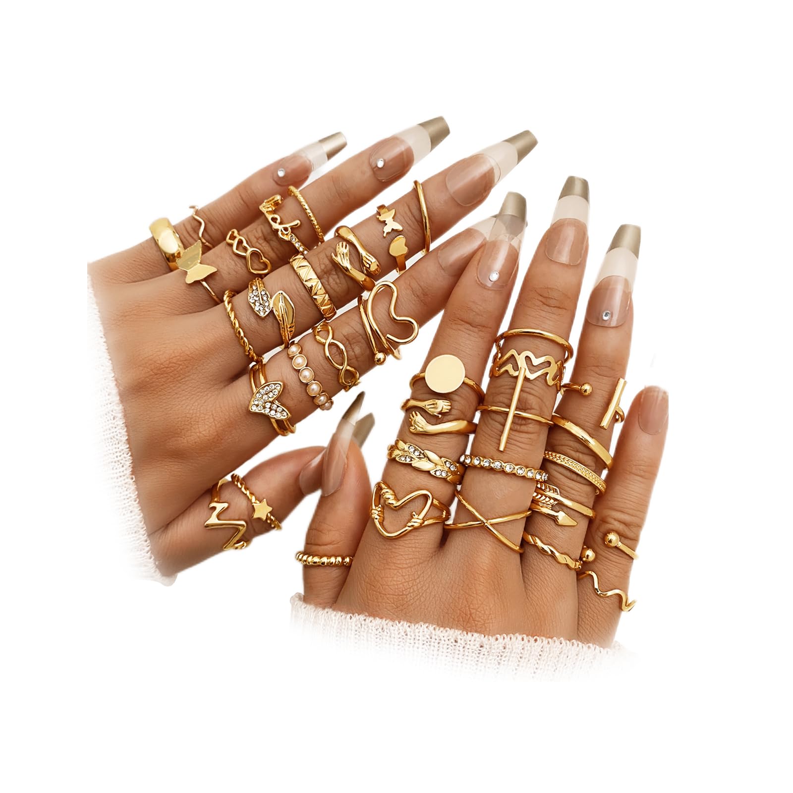 ZOVOLI 19-36 Pcs Gold Boho Knuckle Rings Set for Women, Vintage Stackable Dainty Joint Finger Gold Jewelry Set with Love Pearl and Sparkling Crystals (36-PCS)