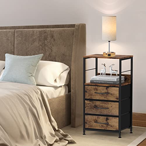 Nightstand Set of 2 Modern Bedside End Tables, Set of 2 End Tables with Drawers Night Stand Side Table with 3 Fabric Drawers Retro Bedside Tables for Livingroom Bedroom Office, Brown and Black