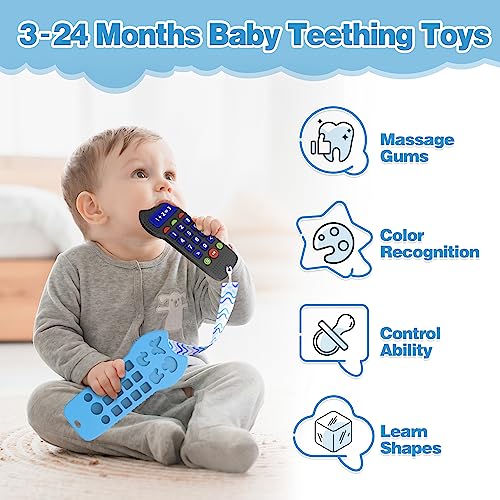 Safeswee 2 Pack Baby Teether, Montessori Teething Toys for 6-12 Months, Calculator Shape Remote Chew Set, Sensory Teething for Boys and Girls