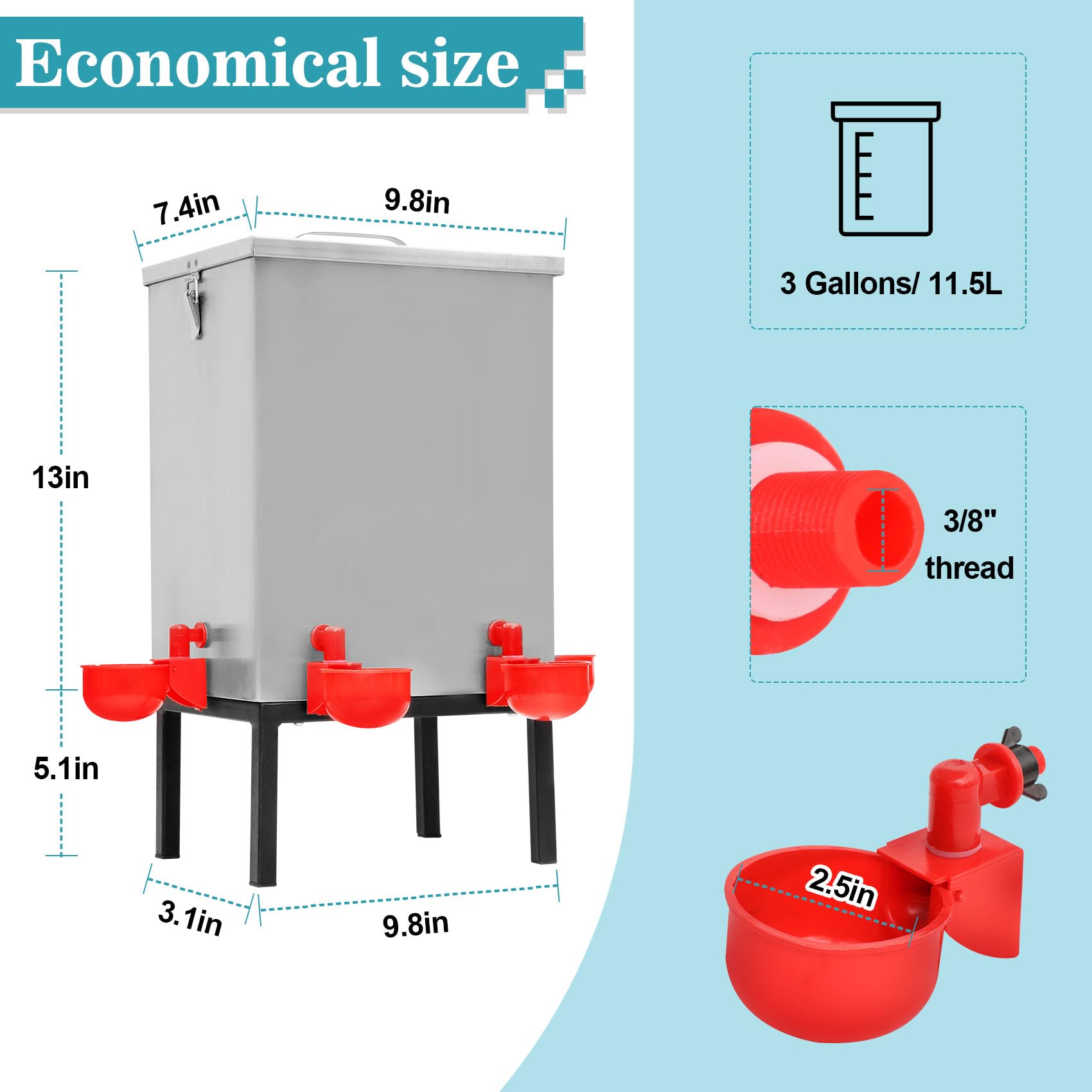 3 Gallons Chicken Waterer,Stainless Steels Automatic Chicken Waterer No Waste with Latch and Bottom Bracket,Poultry Watering 4 Water Cups Chicken Waterer and 4 Horizontal Automatic Chicken Nipples
