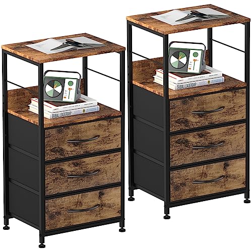 Nightstand Set of 2 Modern Bedside End Tables, Set of 2 End Tables with Drawers Night Stand Side Table with 3 Fabric Drawers Retro Bedside Tables for Livingroom Bedroom Office, Brown and Black