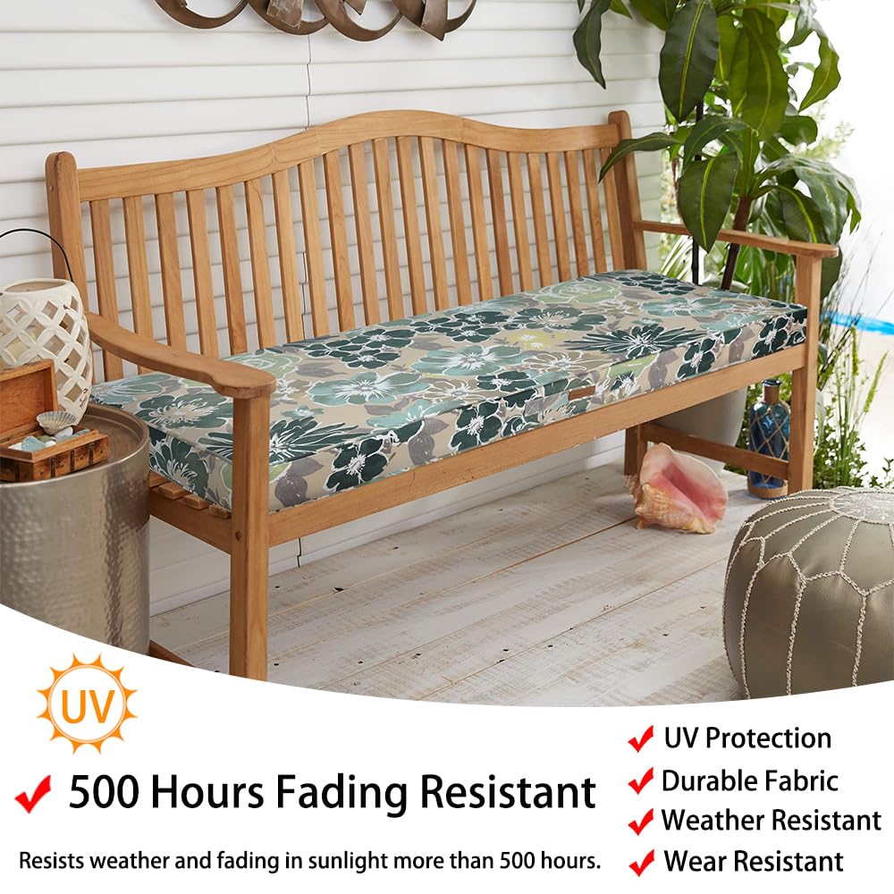 Magpie Fabrics Outdoor Bench Cushion 48 x 18 Inches, Settee Loveseat Pads with Handle and Ties for Garden Patio Backyard Porch Sofa Couch Swing (Green Floral)