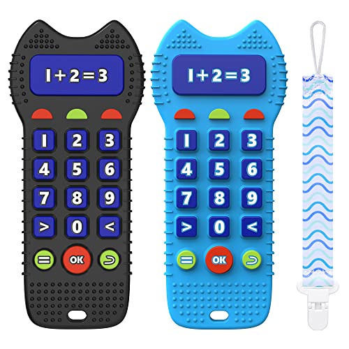 Safeswee 2 Pack Baby Teether, Montessori Teething Toys for 6-12 Months, Calculator Shape Remote Chew Set, Sensory Teething for Boys and Girls