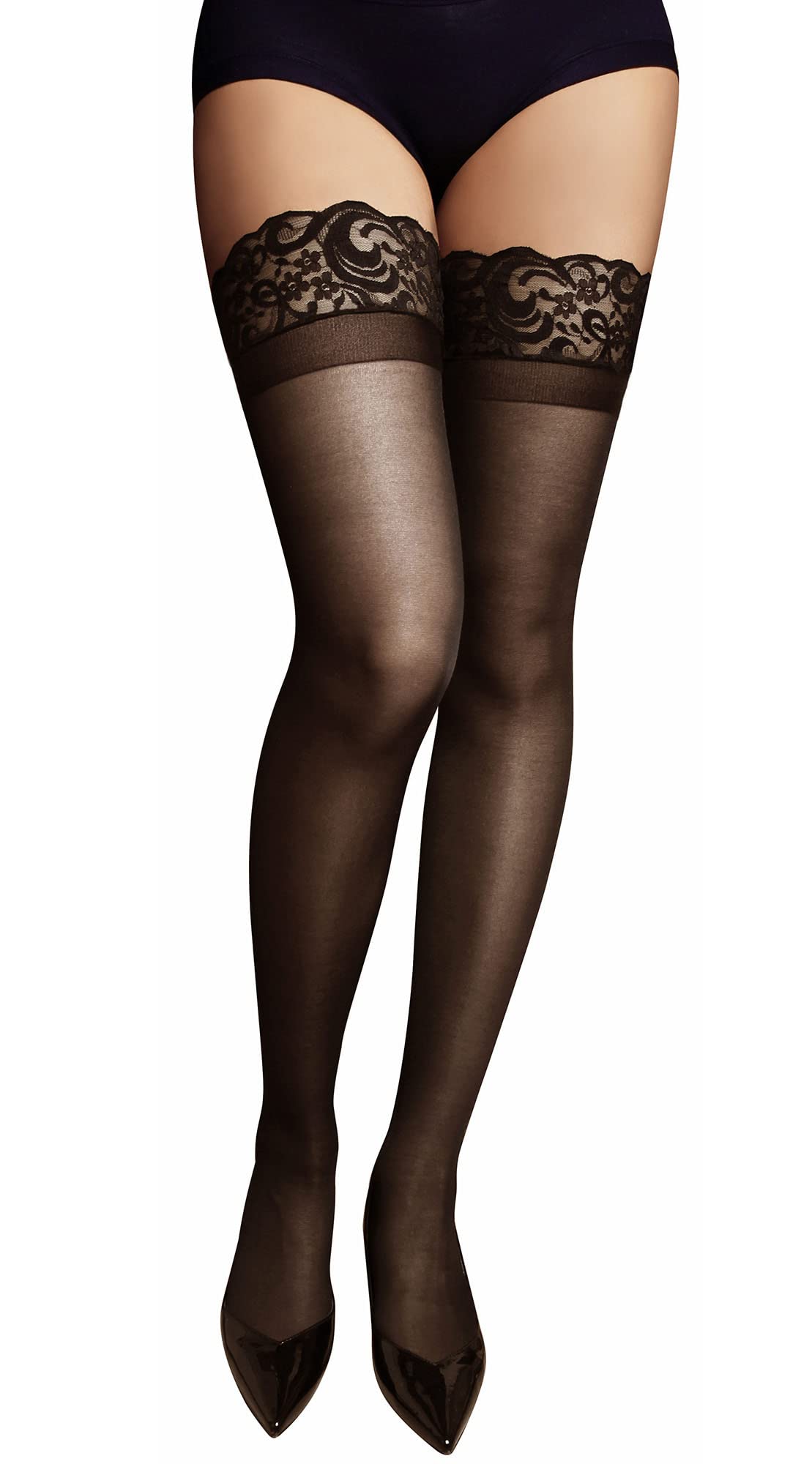 GARGALA Lace Top Sheer Thigh High Stockings Pantyhose Plus Size for Women Lingerie Garter Belt with Non Slip Silicone (Black, Queen/Plus Size)