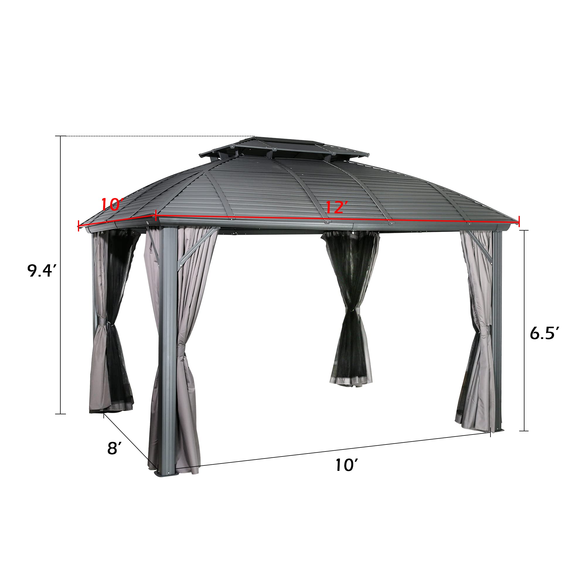 Patio Tree 10' x 12' Aluminum Outdoor Gazebo, Patio Permanent Hardtop Gazebo with Netting and Privacy Curtains