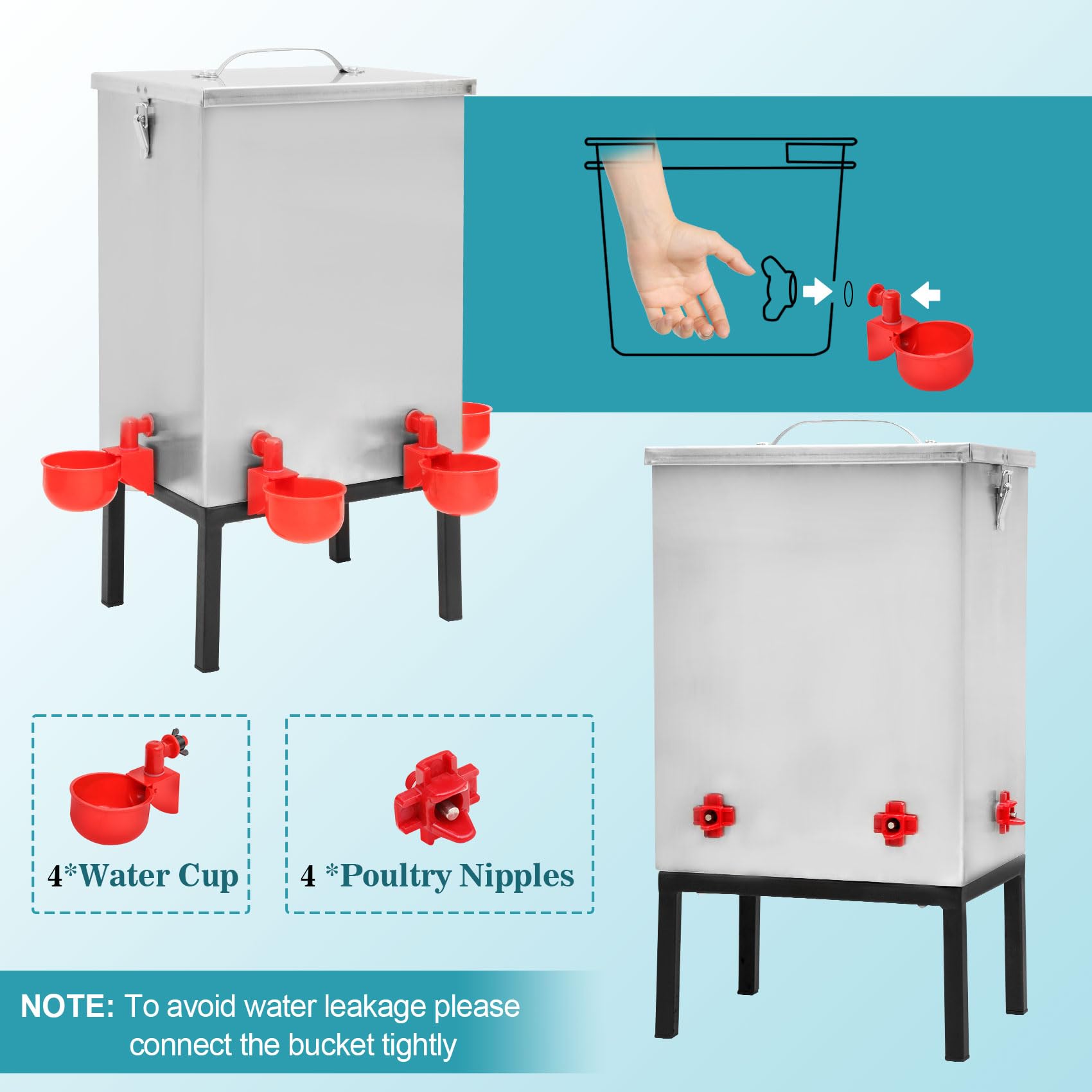 3 Gallons Chicken Waterer,Stainless Steels Automatic Chicken Waterer No Waste with Latch and Bottom Bracket,Poultry Watering 4 Water Cups Chicken Waterer and 4 Horizontal Automatic Chicken Nipples