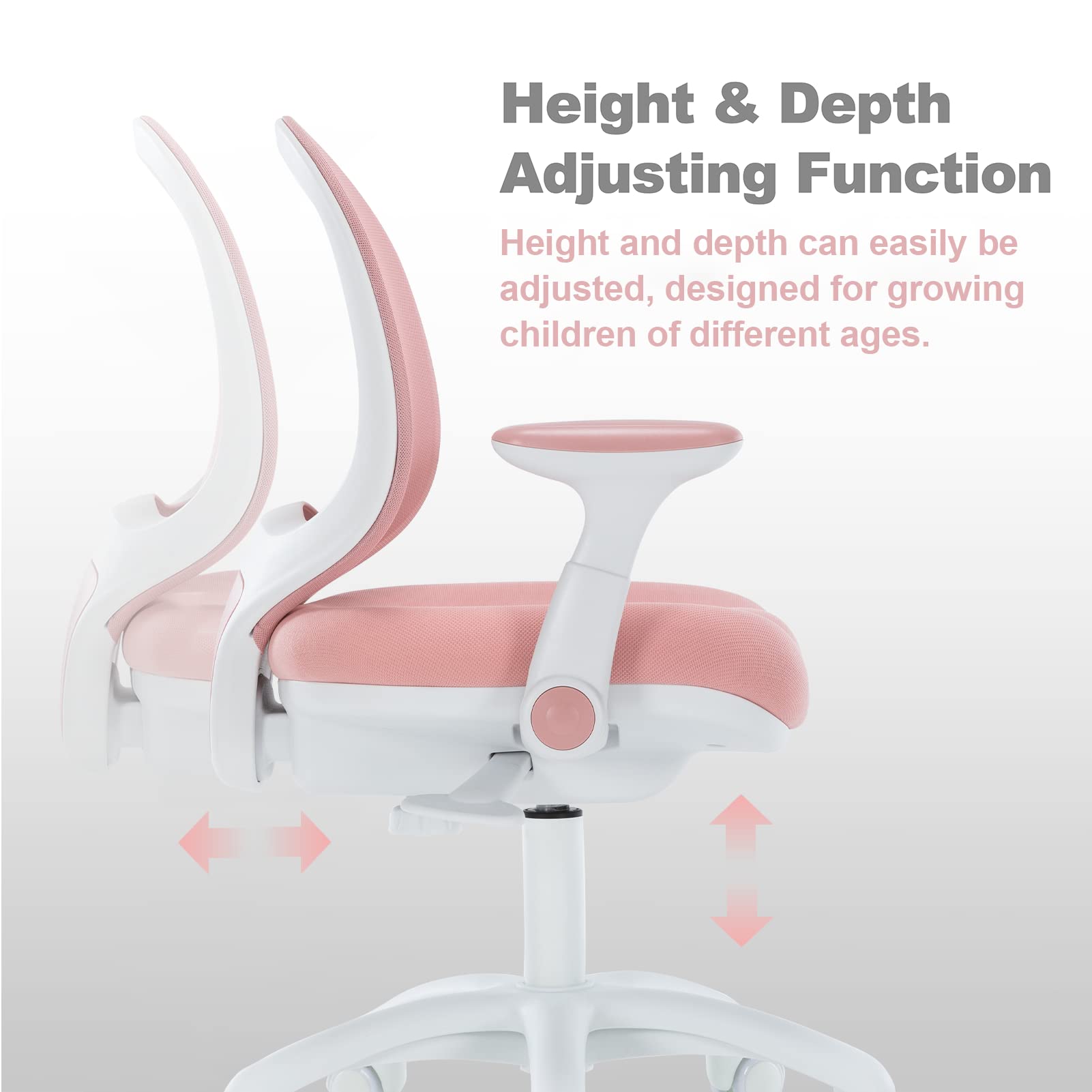 QualiSky Kids Desk Chair, Boy's Girl's Child Children Study Office Computer Chair, Ergonomic Design, Adjustable Height and Seat Depth (Peach Pink W/Armrests)