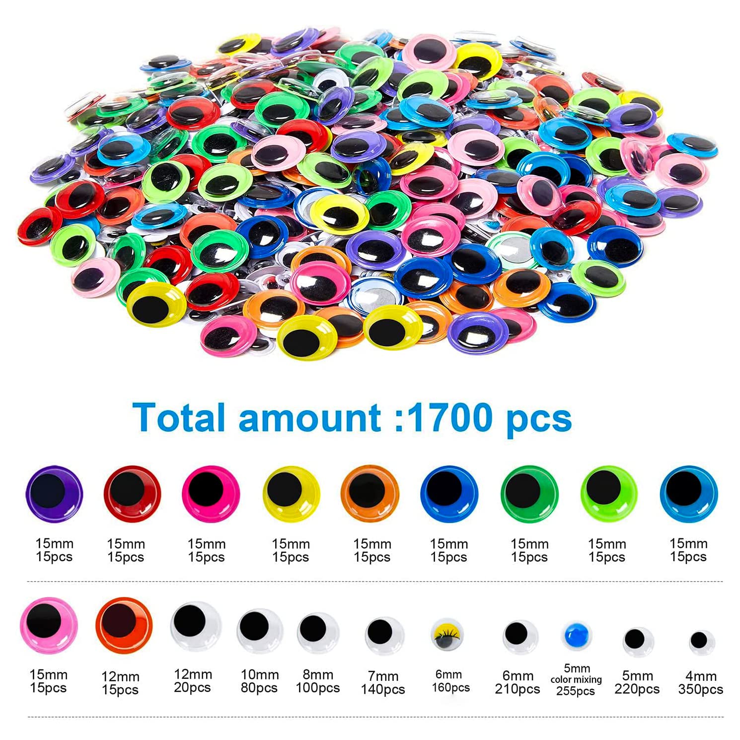 ZZHXSM 1700pcs Googly Wiggle Eyes for Craft Sticker Eyes, Multi Colors and Sizes, Self Adhesive