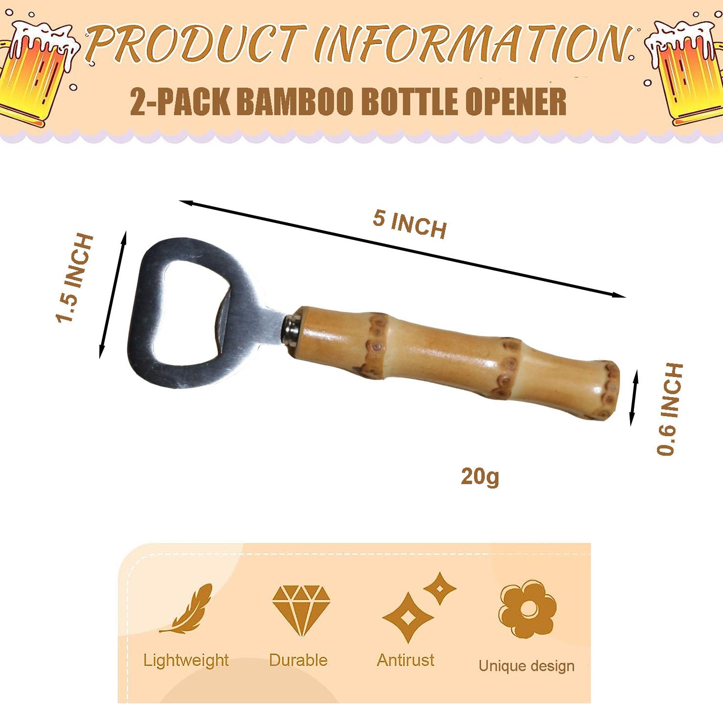 2PCS Bamboo Bottle Openers,Beer Bottle Openers,Bartender Cool Bottle Openers,Soft Drinks-Handcraft Bamboo Handle(yellow)