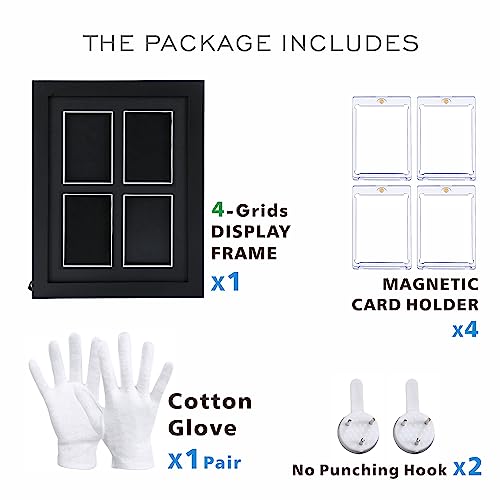 ZzHobbiEs 4 Grids Trading Cards Display Frame, Solid Wood Frame with 4 Pieces Magnetic Card Holder Wall Mount Or Table Stand Display for Football Basketball Collector Cards(Standard Cards, 4Grids)