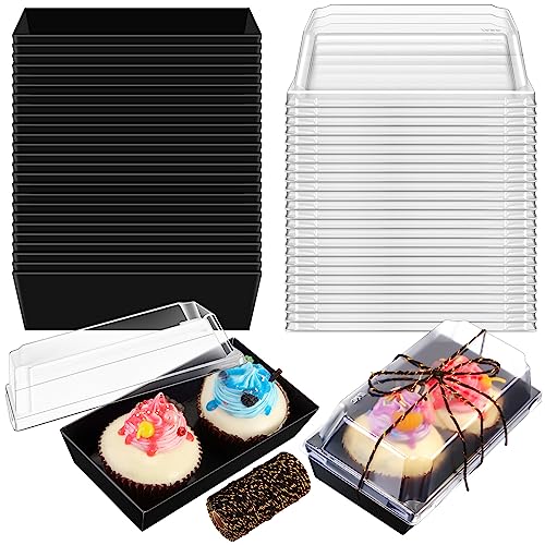 150 Pcs Paper Charcuterie Boxes with Clear Lids and Cotton Rope 5.5 Inches Disposable Food Containers Bakery Boxes for Dessert, Sandwich, Cupcake, Cookie, Chocolate, Strawberry (Black)