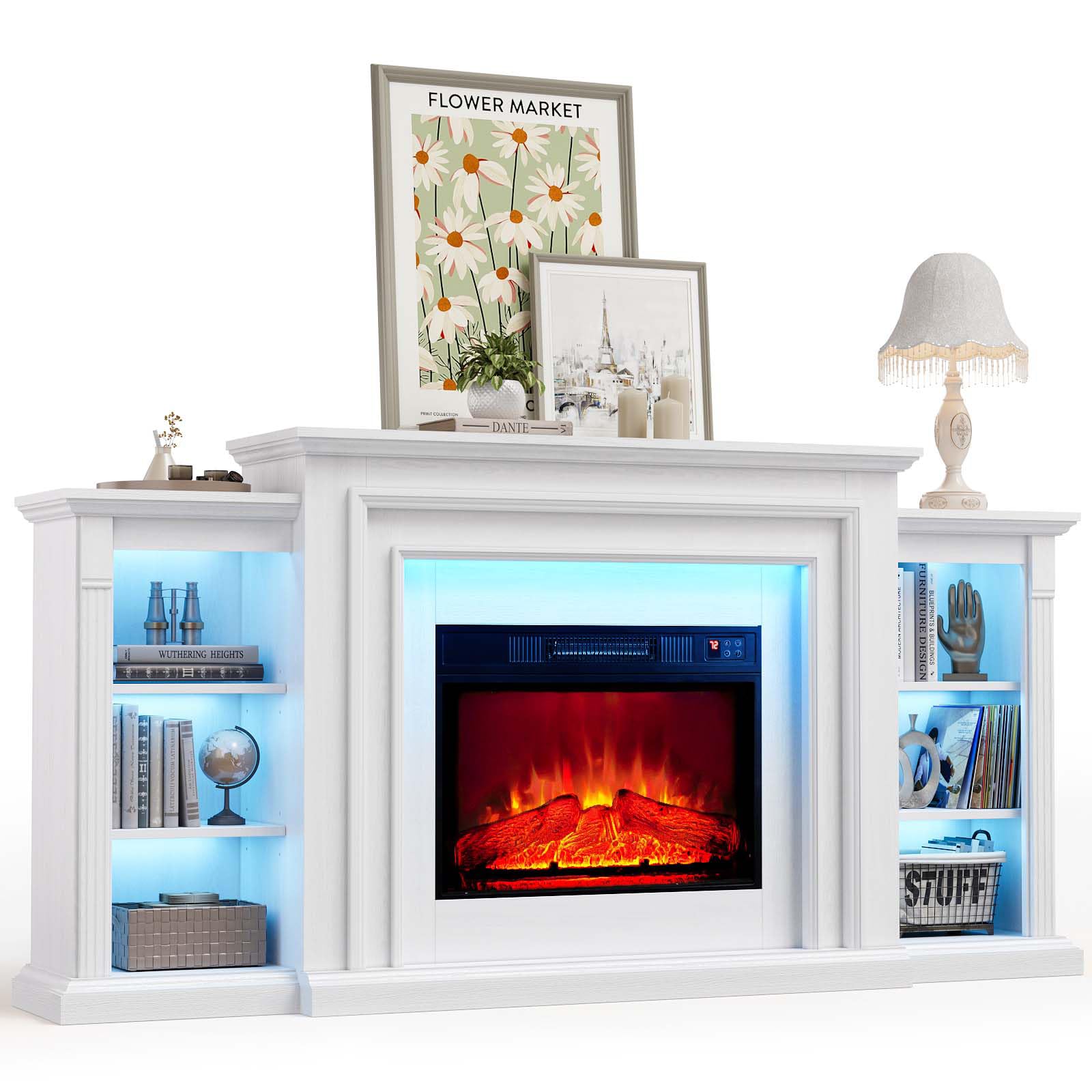 72" Electric Fireplace with Mantel, Farmhouse TV Stand for TVs Up to 80 Inch, White Entertainment Center with Storage for Bedroom,23'' Red Brick Fireplace Insert Heater with LED Flame for Living Room
