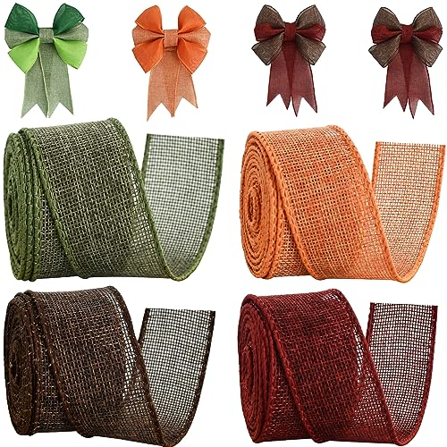 TONIFUL 1.5 Inch 4 Rolls Set Fall Ribbons Orange, Dark Red, Grass Green, Brown Burlap Wired Ribbons, for Thanksgiving Fall Wreath Home Decor Tree Topper Bow Decorations (6 yds/roll)