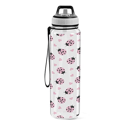 Fustylead Cute Ladybug and Hearts 32oz BPA Free Water Bottles, Leakproof Tritan Sport Water Bottle with Straw for Gym Fitness Running