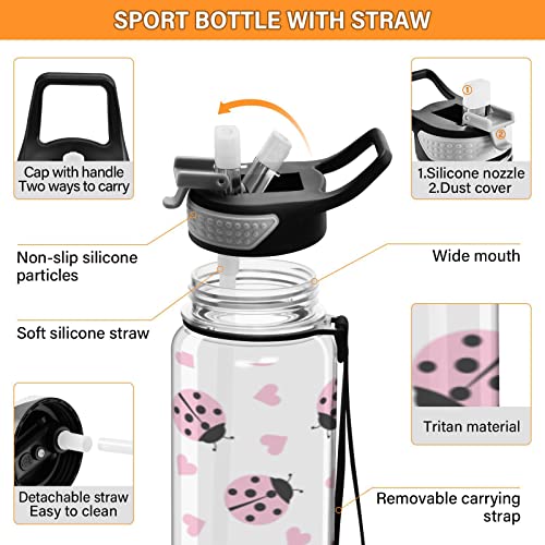 Fustylead Cute Ladybug and Hearts 32oz BPA Free Water Bottles, Leakproof Tritan Sport Water Bottle with Straw for Gym Fitness Running