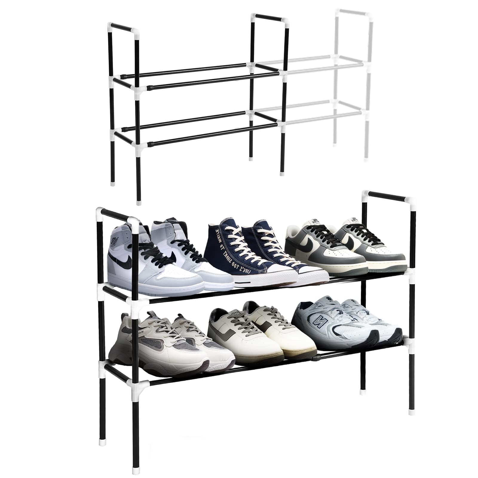 Kacimil Shoe Rack, Adjustable Shelf Shoe Organizer, Expandable Shoe Rack for Closet, Entryway Shoe Storage, Free Standing Stackable Sturdy Metal Structure - 2 Tier