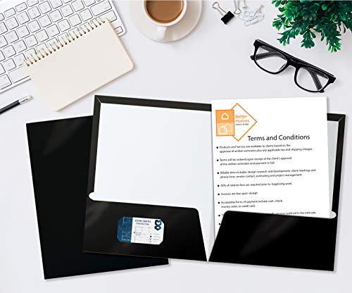 2 Pocket Glossy Laminated Black Paper Folders, Letter Size, Black Paper Portfolios by Better Office Products, Box of 25 Black Folders