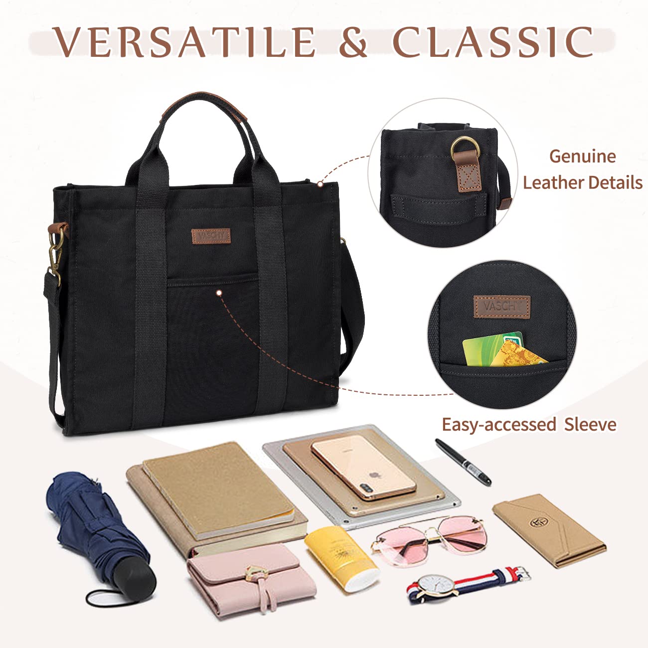 VASCHY Canvas tote bag, Casual Reusable Work Totes for Women Teachers with Zippers Pockets Crossbody Shoulder Bag Purse Black