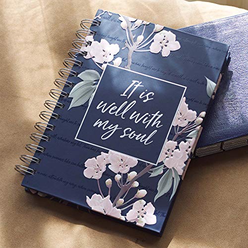 Inspirational Spiral Journal Notebook for Women It is Well Navy Blue Floral Wire Bound w/192 Ruled Pages, Large Hardcover, With Love
