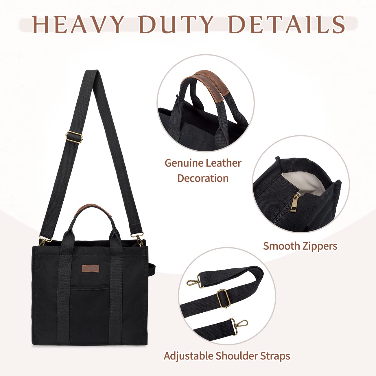 VASCHY Canvas tote bag, Casual Reusable Work Totes for Women Teachers with Zippers Pockets Crossbody Shoulder Bag Purse Black