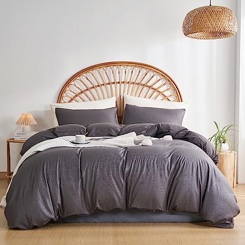DuShow Seersucker Duvet Cover King-Solid Textured Bedding Cover Set,Soft Duvet Cover Set with Zipper Closure,Corner Ties(Dark Grey,104"x90")