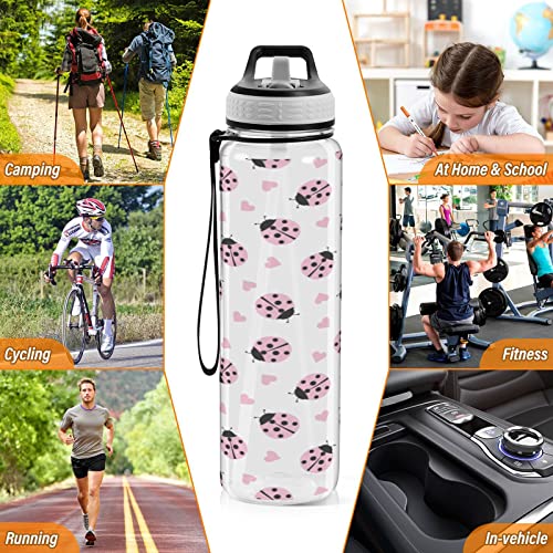 Fustylead Cute Ladybug and Hearts 32oz BPA Free Water Bottles, Leakproof Tritan Sport Water Bottle with Straw for Gym Fitness Running