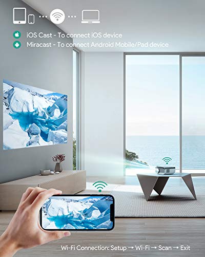 Wireless Wi-Fi Mini Projector, Portable LED Projector with 720p HD Resolution and 1080p FHD Support, 5500 Lux Brightness, Smartphone Screen Sync, Compatible with Laptops, TV Sticks, PS4, HDMI, AV, USB