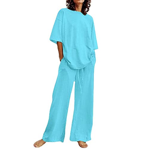 Matching Sets for Women, Two Piece Outfits for Women Summer Tops Dressy Casual Linen Sets 3/4 Sleeve Crewneck Tshirts Straight Wide Leg Pants Blusas de Mujer