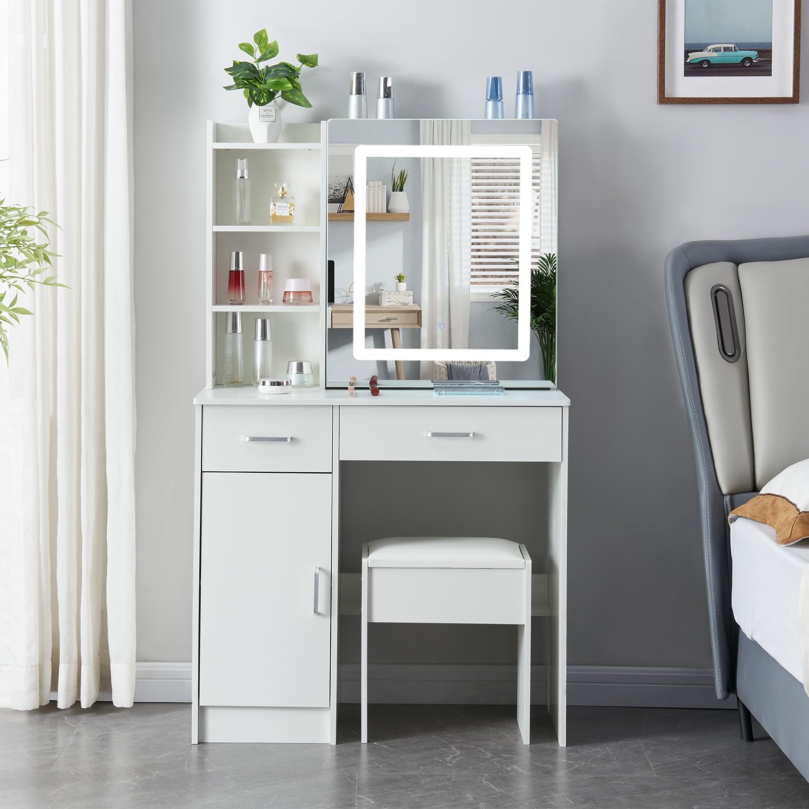 Logimiz Vanity Desk with Mirror and Lights-3 Colors and Brightness Adjustable, Girls Makeup Vanity with Hiding Shelves, White Vanity Set with Cabinets, Drawers and Cushioned Stool