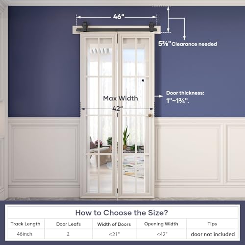FINOSEN 46 inch Bifold Barn Door Hardware Track Kit for Two 21 inch Closet Doors,Top Mount Sliding System,Heavy Duty Roller,Smoothly and Quietly,Black(Bifold Door Not Included)