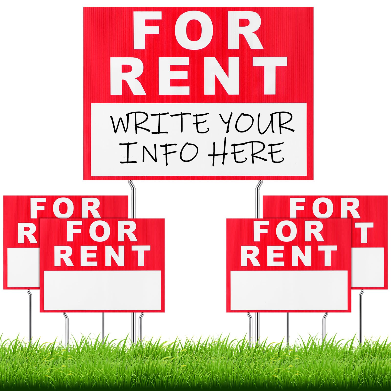 Ripeng 4 Pcs 17 x 13 Inch for Rent Sign with Stand Double Sided Corrugated Plastic Red White for Lease Sign with 8 Pcs Tall Iron Stands for Outdoor House Business Rental Car Apartment (17 x 13 Inch)