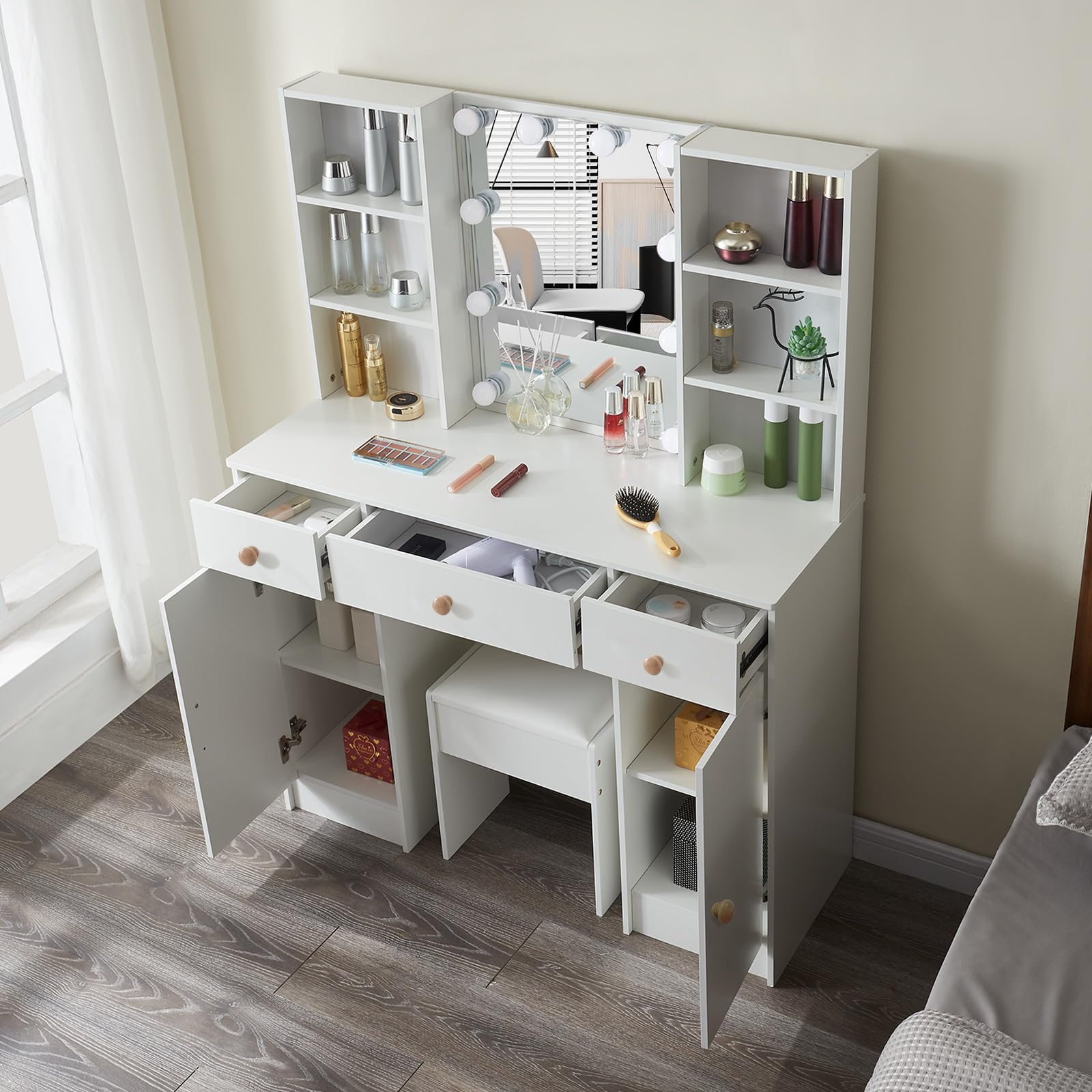 JBLCC Makeup Vanity Desk with Lights Mirror, Large Vanity Desk with Storage Shelf & Drawers,Makeup Vanity Dressing Table with Cushioned Stool for Bedroom (jbl 3072)