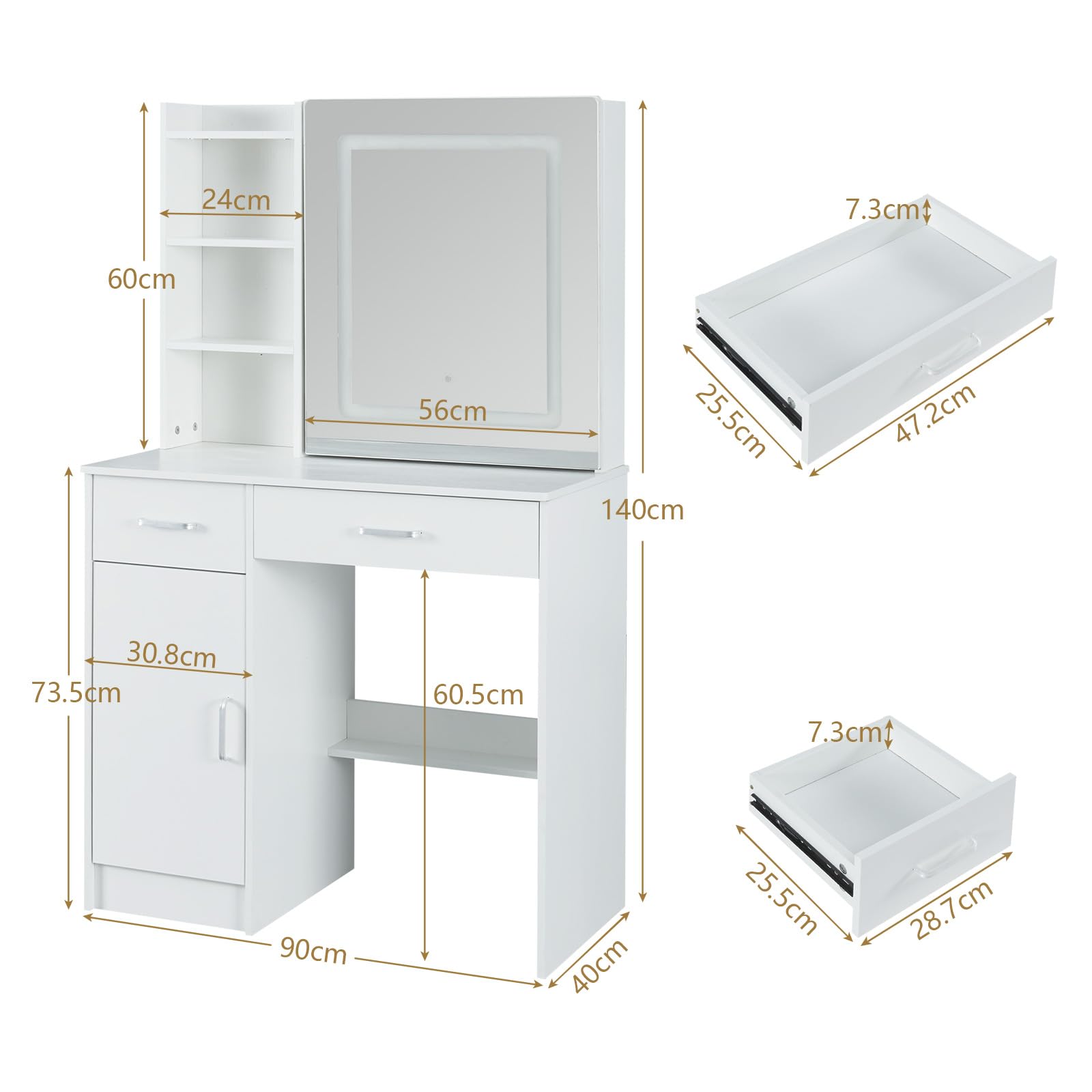 Logimiz Vanity Desk with Mirror and Lights-3 Colors and Brightness Adjustable, Girls Makeup Vanity with Hiding Shelves, White Vanity Set with Cabinets, Drawers and Cushioned Stool
