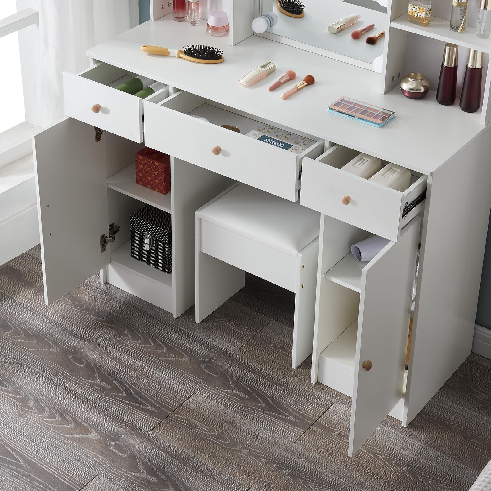 JBLCC Makeup Vanity Desk with Lights Mirror, Large Vanity Desk with Storage Shelf & Drawers,Makeup Vanity Dressing Table with Cushioned Stool for Bedroom (jbl 3072)