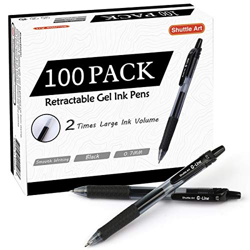 Black Gel Pens, 100 Pack Shuttle Art Retractable Medium Point Rollerball Gel Ink Pens Smooth Writing with Comfortable Grip for Office School Home Work