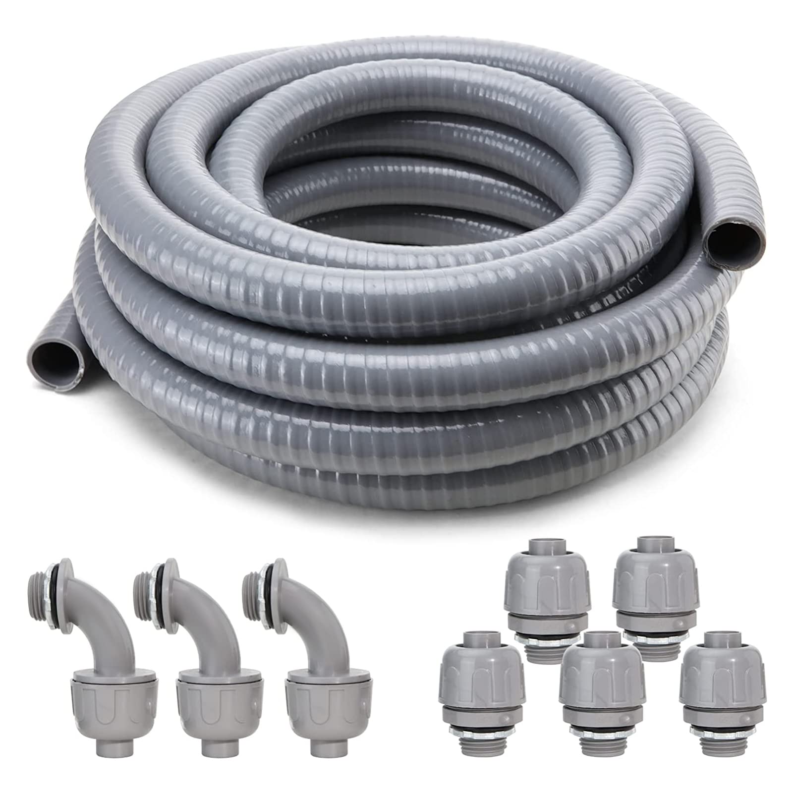 DWALE Liquid-Tight Conduit and Connector Kit,Flexible Non Metallic Liquid Tight Electrical Conduit,1/2inch 25ft Electrical Conduit Kit,with 5 Straight and 3 Angle Fittings Included,1/2 in. Dia